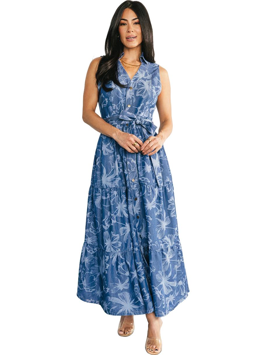 TEKSPARK Tekspark Rocío Soft Denim Maxi Dress with Floral Print